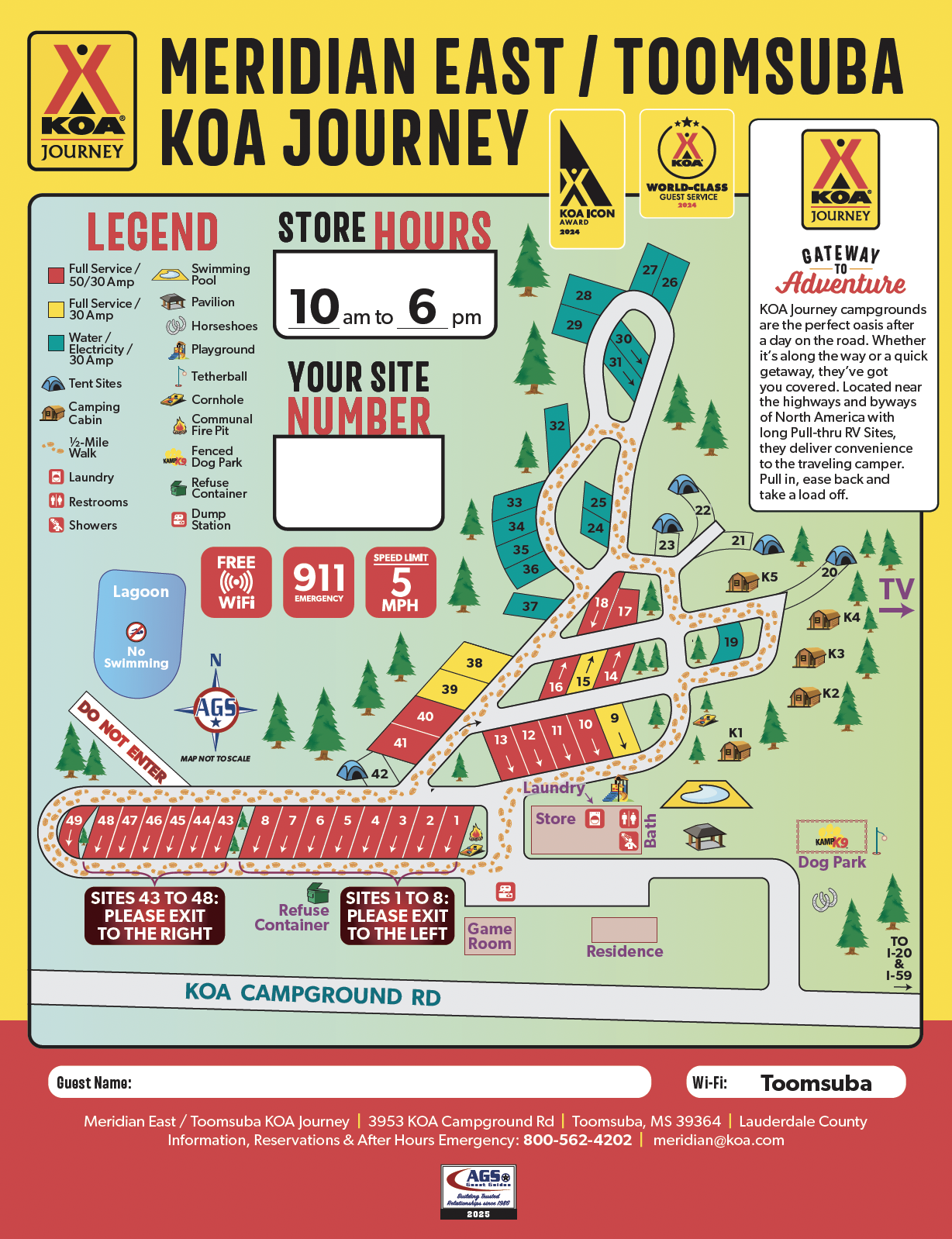 Toomsuba, Mississippi Campground Map | Meridian East / Toomsuba KOA Journey
