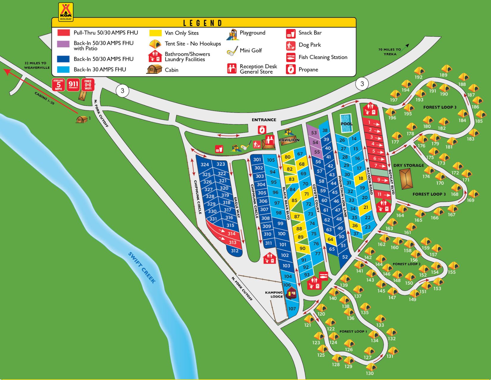 Trinity Center, California Campground Map | Trinity Lake KOA Holiday