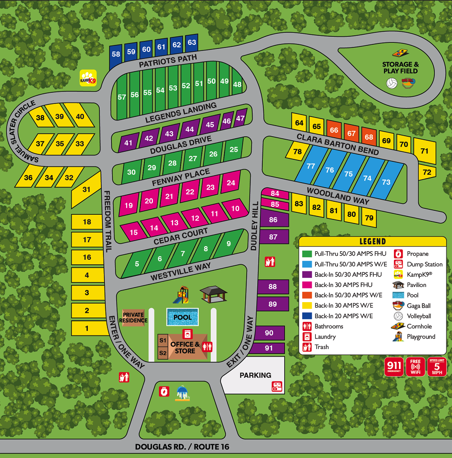 Webster, Massachusetts Campground Map | Webster / Douglas Forest KOA ...
